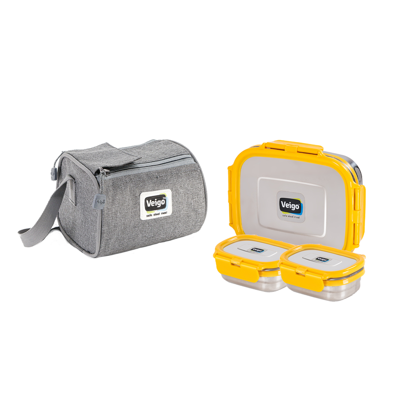 Veigo Lunch Boxes with Lunch Bag - Combo of 3 tiffin in a flat pouch ...