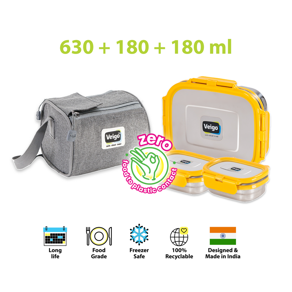 Veigo Lunch Boxes with Lunch Bag - Combo of 3 tiffin in a flat pouch ...